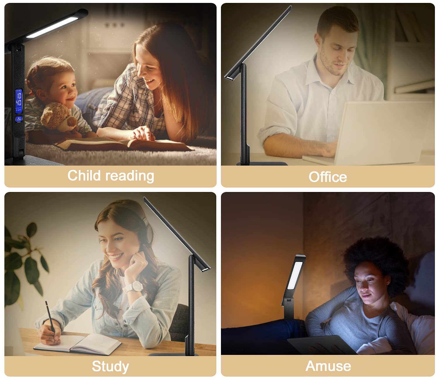 LED Desk Lamp with Wireless Charger, Foldable Touch Console Light, Date,Calendar,Temperature,Clock Display Function, 5-Level Dimmable Lighting, Suitable for Home Office, Reading, Work,study (Black)