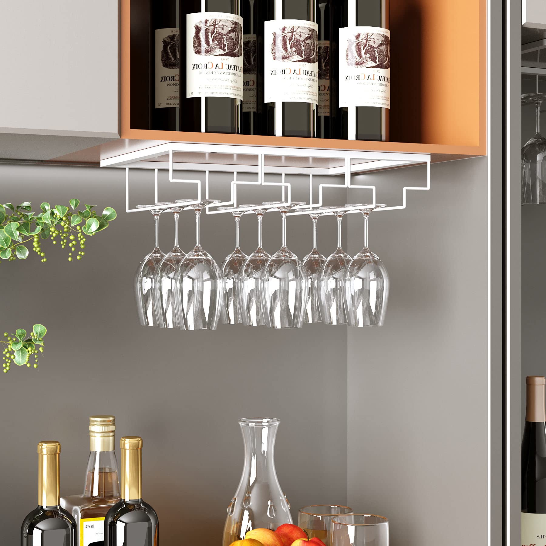 C&AHOME 3-Row Wine Glass Rack, Under Cabinet Stemware Rack, Wine Glasses Holder Storage Hanger, Metal Glass Organizer for Kitchen, Cabinet, Bar, 11.8" L × 9" W × 2.4" H White UWG3R1W