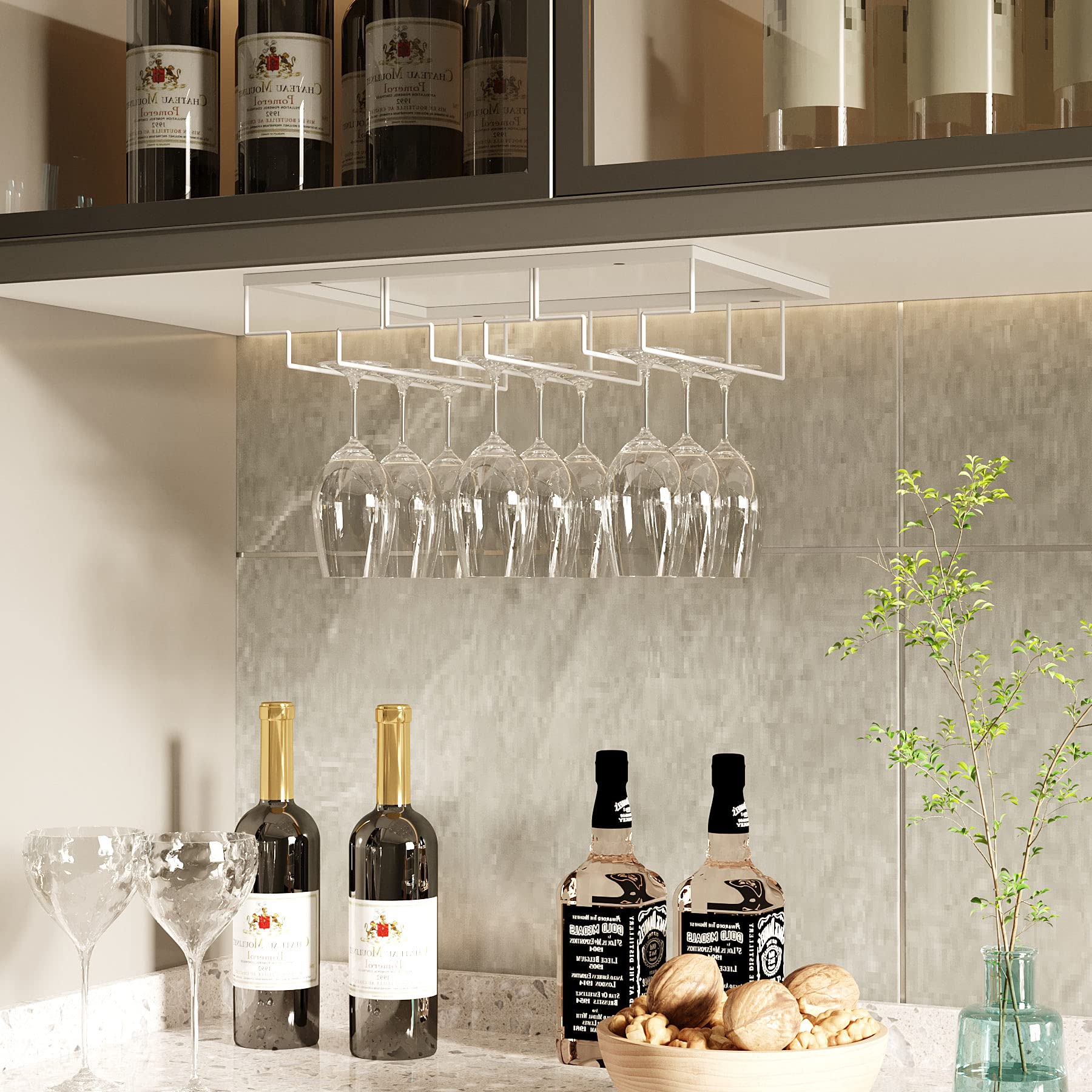 C&AHOME 3-Row Wine Glass Rack, Under Cabinet Stemware Rack, Wine Glasses Holder Storage Hanger, Metal Glass Organizer for Kitchen, Cabinet, Bar, 11.8" L × 9" W × 2.4" H White UWG3R1W