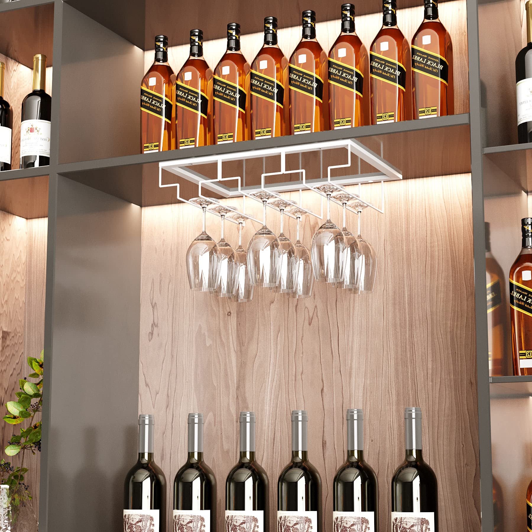 C&AHOME 3-Row Wine Glass Rack, Under Cabinet Stemware Rack, Wine Glasses Holder Storage Hanger, Metal Glass Organizer for Kitchen, Cabinet, Bar, 11.8" L × 9" W × 2.4" H White UWG3R1W