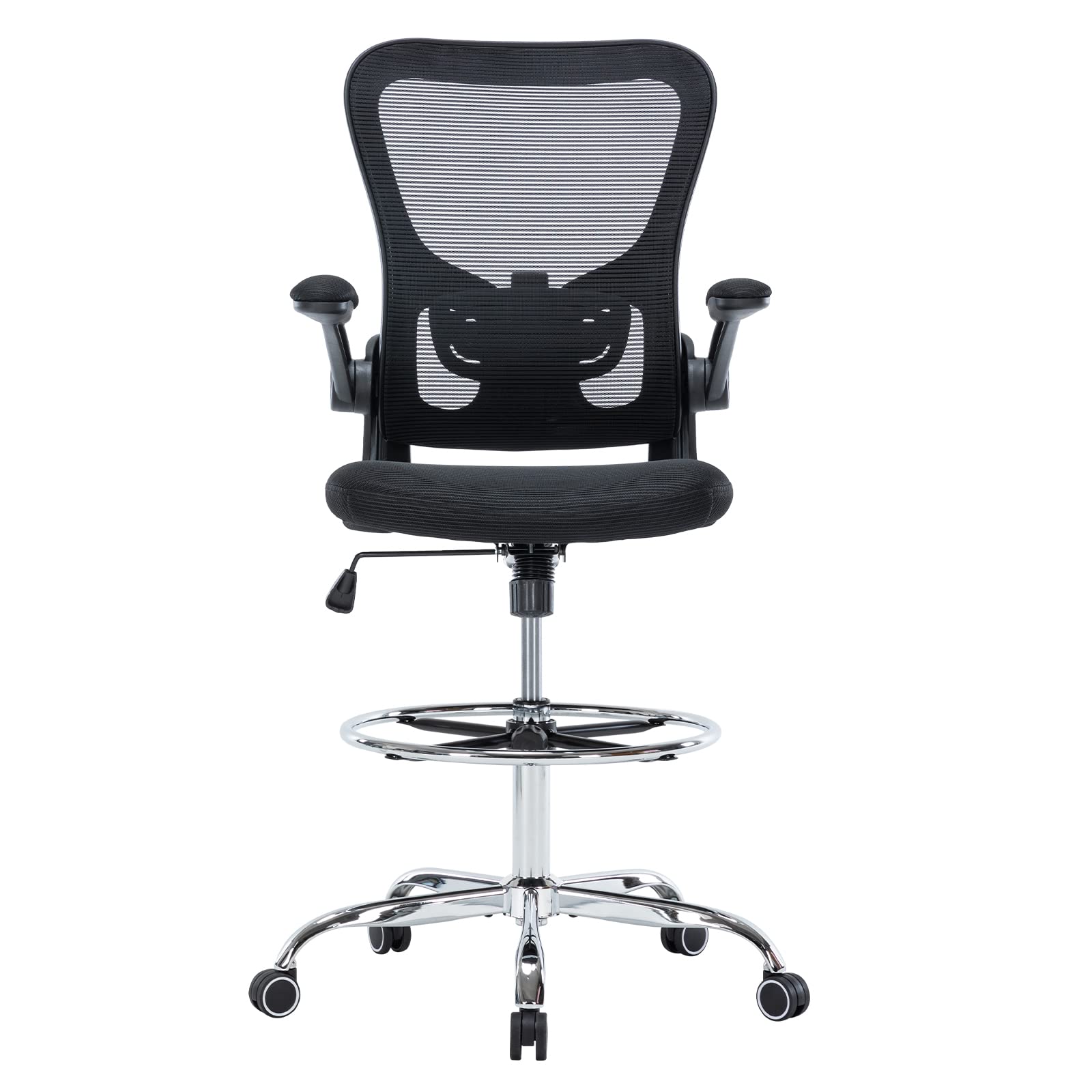 Hramk Ergonomic Office Drafting Desk Chair with Flip up Arms, Mesh Back Tall Office Chair with Adjustable Lumbar Support and Foot Ring (Metal Wheelbase, Black)