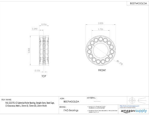 FAG Bearings 22207E1-C3 Spherical Roller Bearing, Straight Bore, Steel Cage, C3 Clearance, Metric, 35mm ID, 72mm OD, 23mm Width