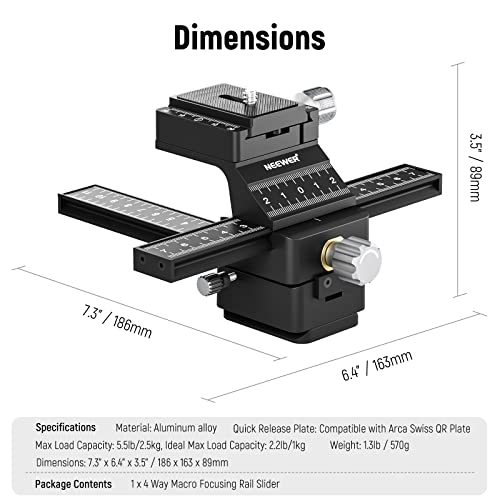 NEEWER 4-Way Macro Focusing Rail Slider with Quick Release Plate, 1/4”-20 Thread for Macro Photography and Close-Up Shooting, Compatible with Canon Nikon Fujifilm Sony DSLR Mirrorless Camera