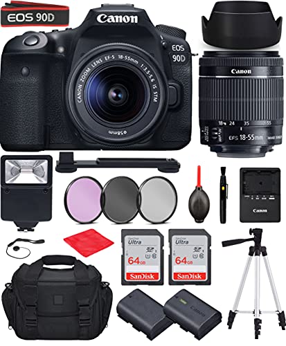 90D DSLR Camera with EF-S 18-55mm f/3.5-5.6 is STM Lens Bundle, Starter Kit with Accessories (Gadget Bag, Extra Battery, Digital Slave Flash, 128Gb Memory, 50" Tripod and More)