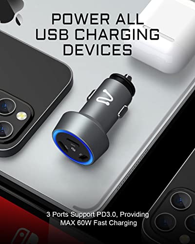 USB C Car Charger, Aergiatech 60W(20W Each) PD 3.0 Fast Car Charger Adapter 3-Port, Type C Car Charger Compatible with iPhone 13/13 Pro/12/12 Pro/11/X/SE, Galaxy S21/S20/Note20, iPad,Grey