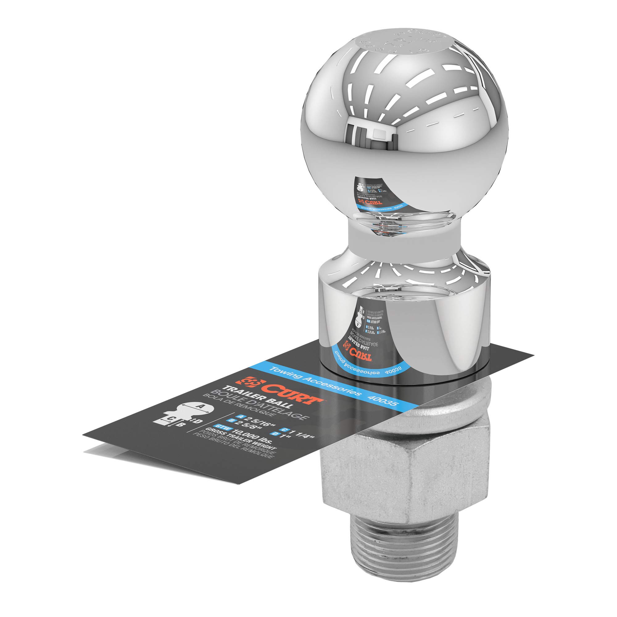 CURT 40035 Chrome Trailer Hitch Ball, 10,000 lbs, 2-Inch Rise, 2-5/16-Inch Diameter, 1-1/4 x 2-5/8-Inch Shank
