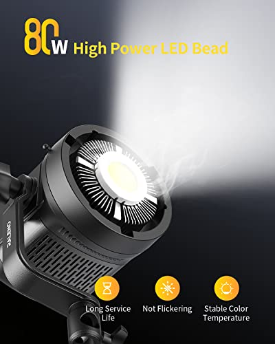 RaLeno 80W LED Studio Video Light, Continuous Lighting with 5600K 7200Lux@1M CRI 95+ Brightness Adjustable, Efficiency Cooling Fan and Bowens Mount, for YouTube Outdoor Video Recording Photography