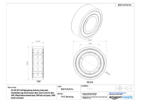FAG Bearings 2205-2RS-TV Double Row Self-Aligning Bearing, Double Sealed, Polyamide/Nylon Cage, Normal Clearance, Metric, 25mm ID, 52mm OD, 18mm Width, 9500rpm