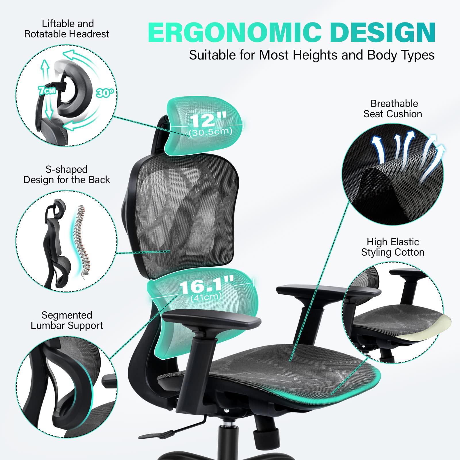 KERDOM Office Chair, Ergonomic Desk Chair, Comfy Breathable Mesh Task Chair with Headrest High Back, Home Computer Chair 5D Adjustable Armrests, Executive Swivel Chair with Roller Blade Wheels