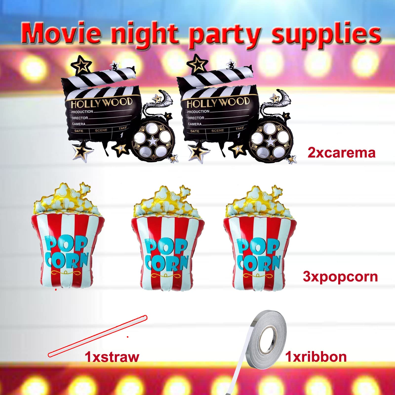 HBmemory Movie Night Balloons Set - Hollywood Opening Balloon Popcorn Mylar for Decorations | Film Clapboard Camera Hollywood-themed party Decorations| Carnival Theme