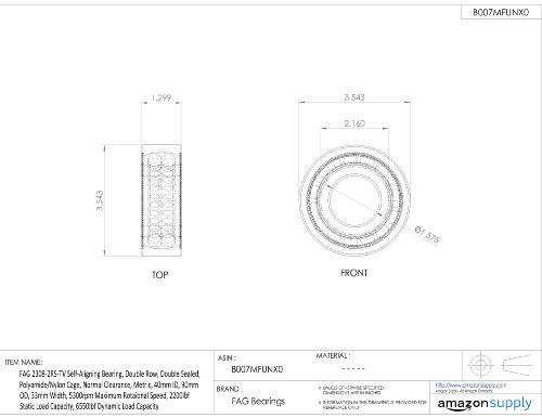 FAG Bearings 2308-2RS-TV Double Row Self-Aligning Bearing, Double Sealed, Polyamide/Nylon Cage, Normal Clearance, Metric, 40mm ID, 90mm OD, 33mm Width, 5300rpm