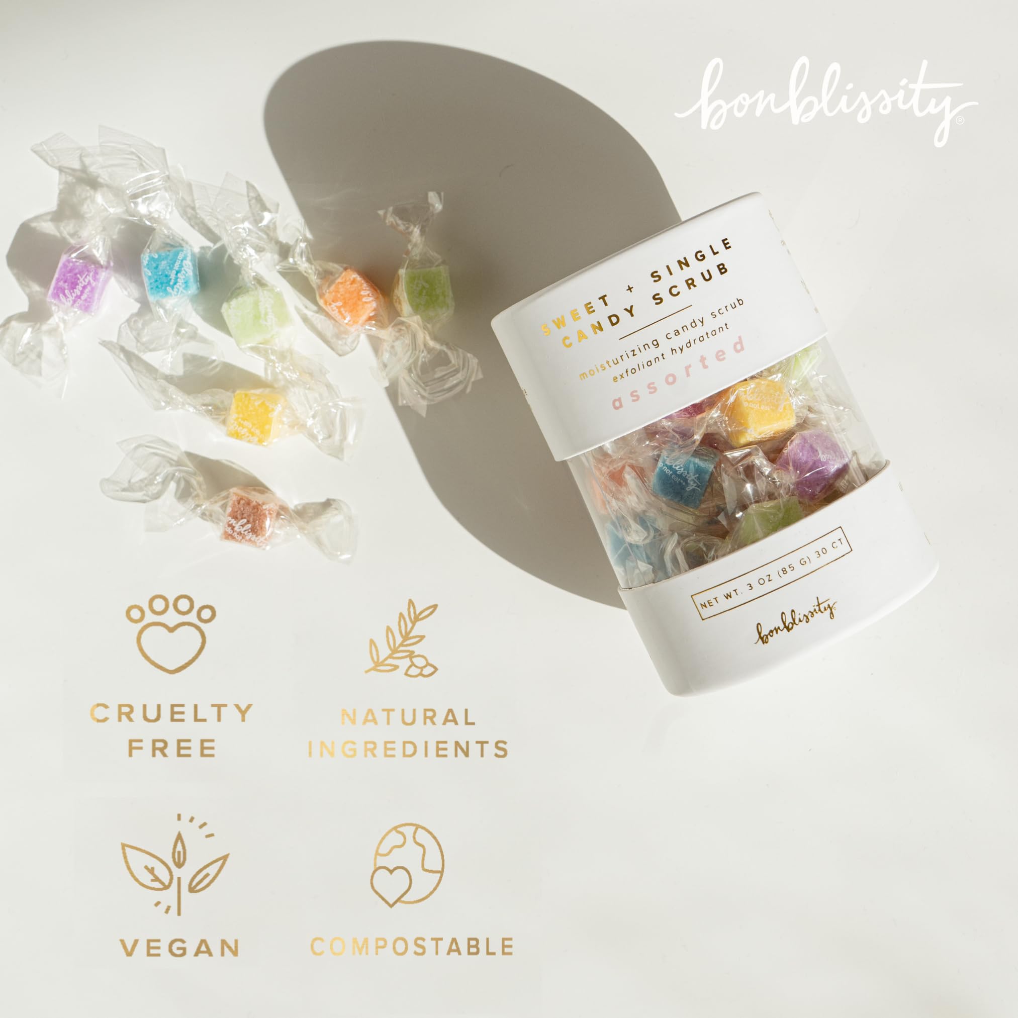 Bonblissity Sweet+Single Candy Sugar Scrub, Assorted, 30 Pcs - Exfoliating, Skin, Hands, Feet, Natural Butters & Oils, Sugary, Salty, Individually Wrapped, Exfoliate & Moisturize, On The Go, Travel