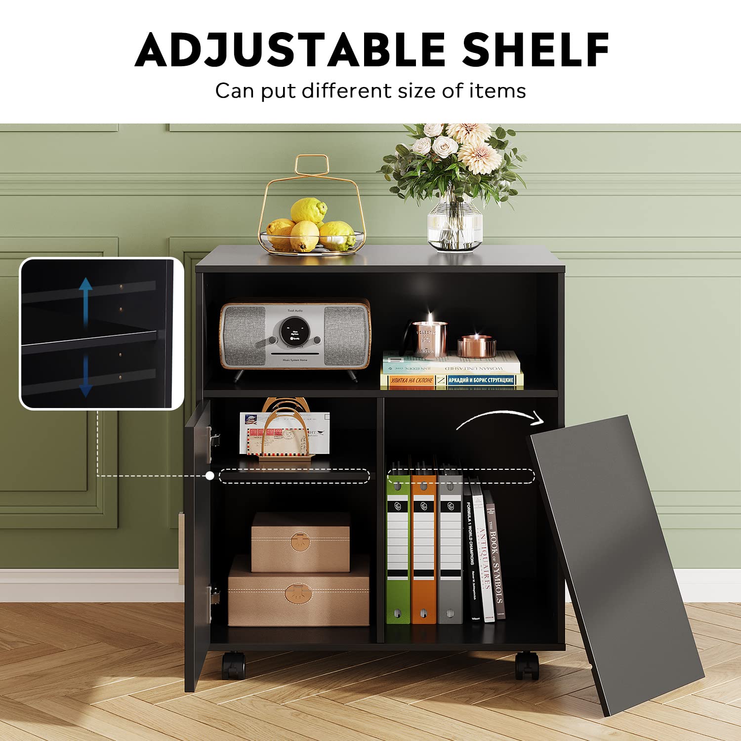 DEVAISE Mobile Printer Stand with Adjustable Shelf, Rolling Wood Storage Cabinet on Wheels, Black