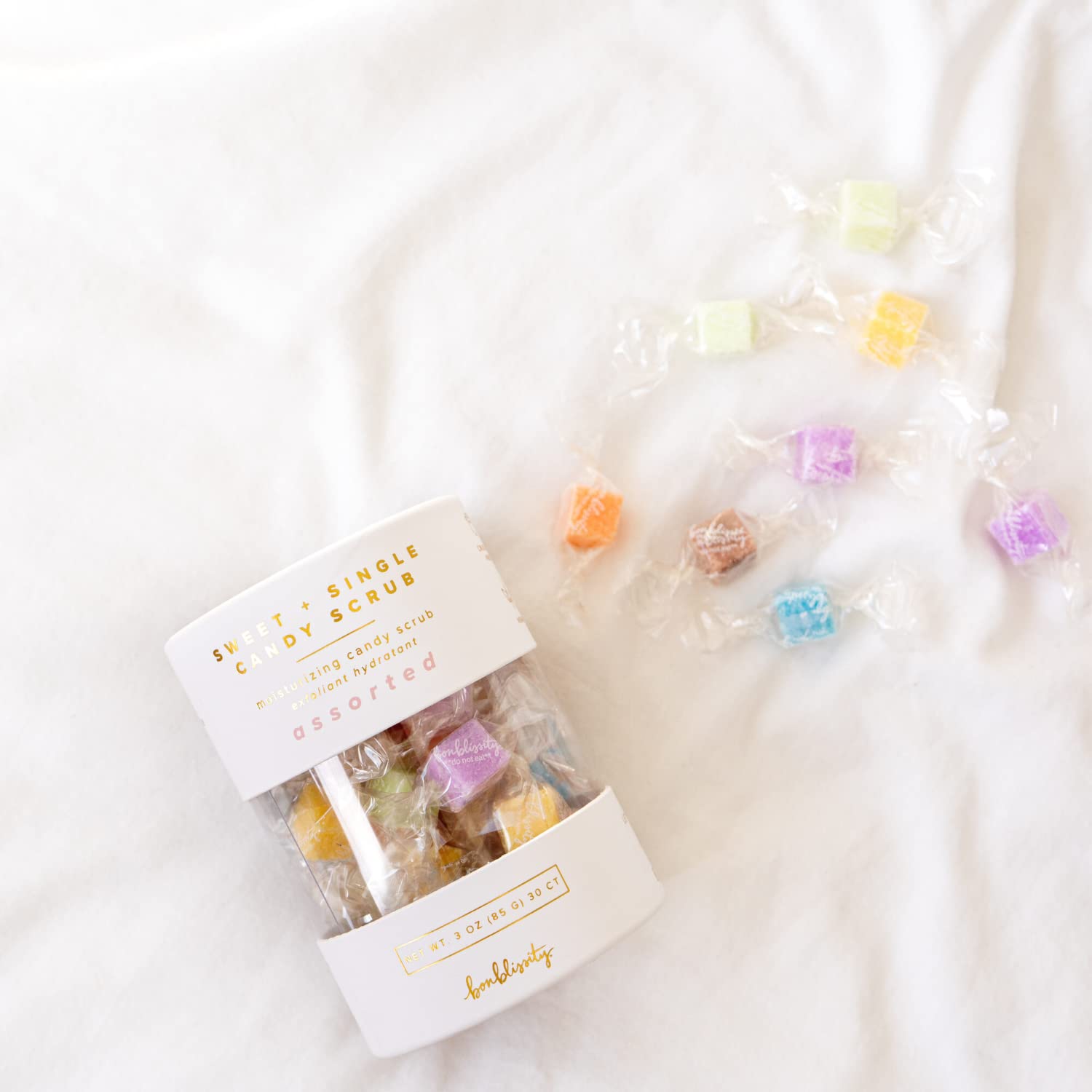 Bonblissity Sweet+Single Candy Sugar Scrub, Assorted, 30 Pcs - Exfoliating, Skin, Hands, Feet, Natural Butters & Oils, Sugary, Salty, Individually Wrapped, Exfoliate & Moisturize, On The Go, Travel