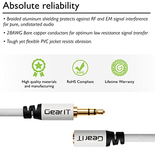 50ft 3.5mm Extension Cable, GearIT Pro Series Preminun Gold Plated 50 Feet 3.5mm Auxiliary Audio Stereo Extension Male to Female Cable, White
