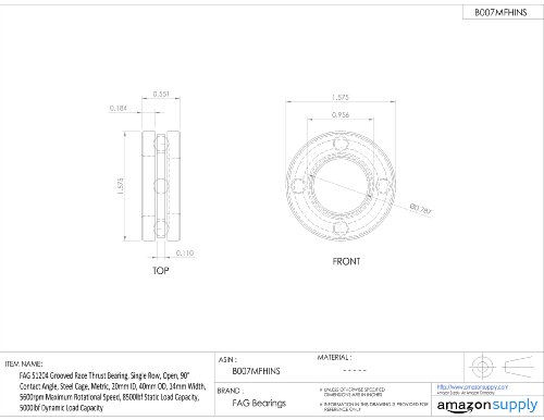 FAG 51204 Grooved Race Thrust Bearing, Single Row, Open, 90° Contact Angle, Steel Cage, Metric, 20mm ID, 40mm OD, 14mm Width, 5600rpm Maximum Rotational Speed, 8500lbf Static Load Capacity, 5000lbf Dynamic Load Capacity