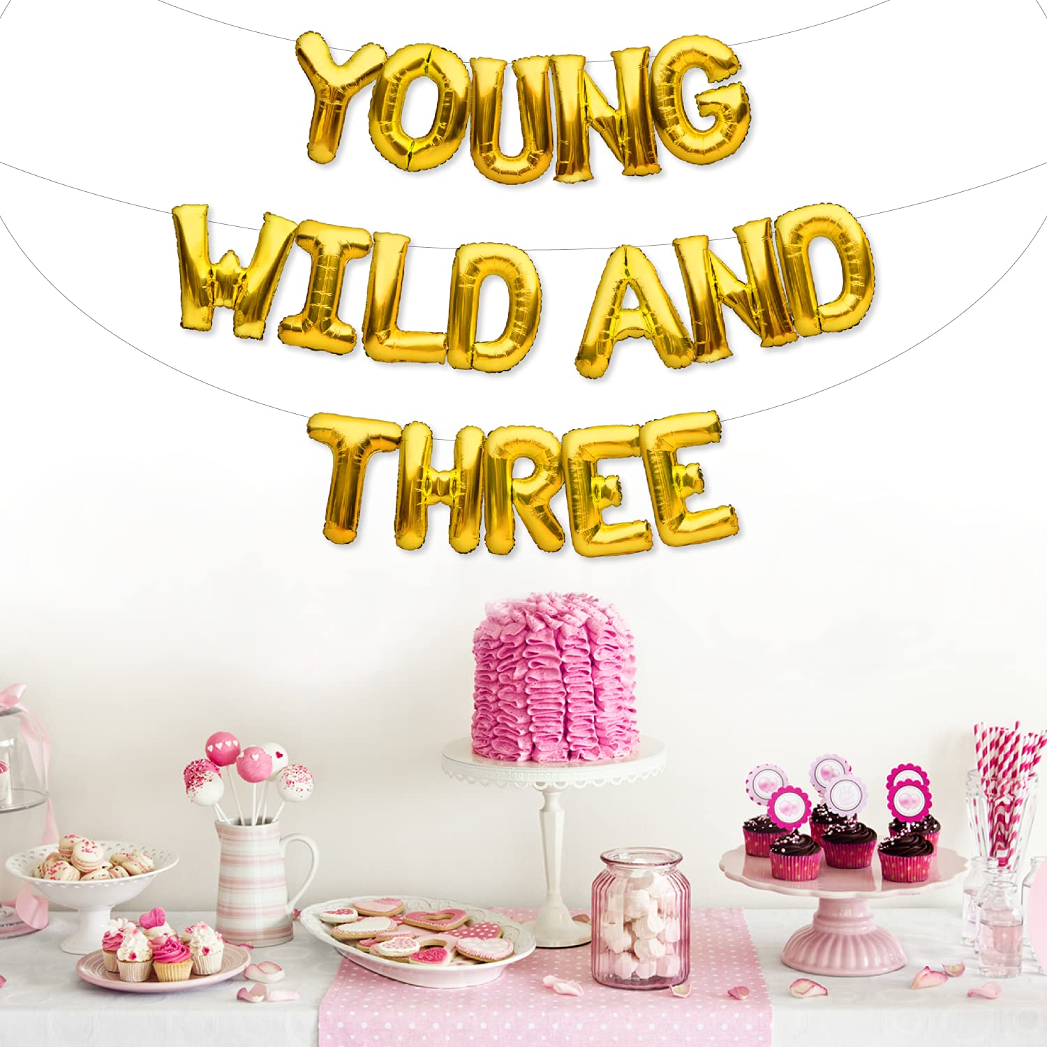 PartyForever Young Wild And Three Balloons Banner Gold Themed 3rd Birthday Party Decorations Sign