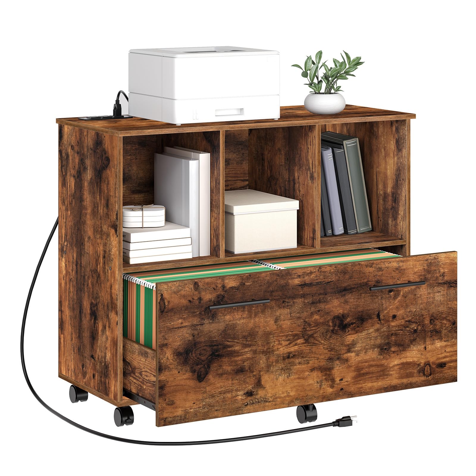 HOOBRO Wooden File Cabinet, Filing Cabinet with Charging Station, Mobile Lateral Home Office Cabinet, Rolling Printer Stand with 3 Open Compartments and Drawer, A4, Letter Size, Rustic Brown FG22UWJ01
