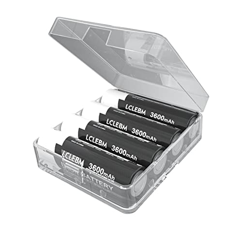 LCLEBM 4Pcs 3600mAh Flat Top 3.7V 30A Rechargeable Battery with 1 Bay USB Charger and Storage Holder Case for Fan Spotlight Flashlight,Camera and More