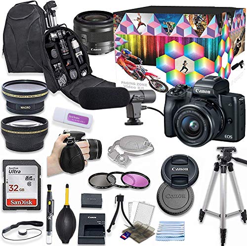 Canon EOS M50 Mirrorless Digital Camera with 15-45mm Lens Video Kit (Black) + Wide Angle Lens + 2X Telephoto Lens + SanDisk 32GB SD Memory Card + Accessory Bundle (Renewed)