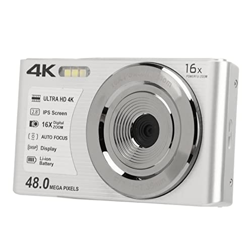 Digital Camera, Built in Fill Light Compatible 256GB Memory Card 48MP Image Resolution Compact Camera for Beginners (Silver)