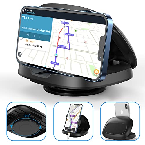 Cell Phone Holder for Car, Upgraded 360° Rotatable Phone Mount for Dashboard, Horizontal & Vertical Viewing Friendly Phone Car Mount, Compatible with iPhone Samsung Android Smartphones GPS Devices