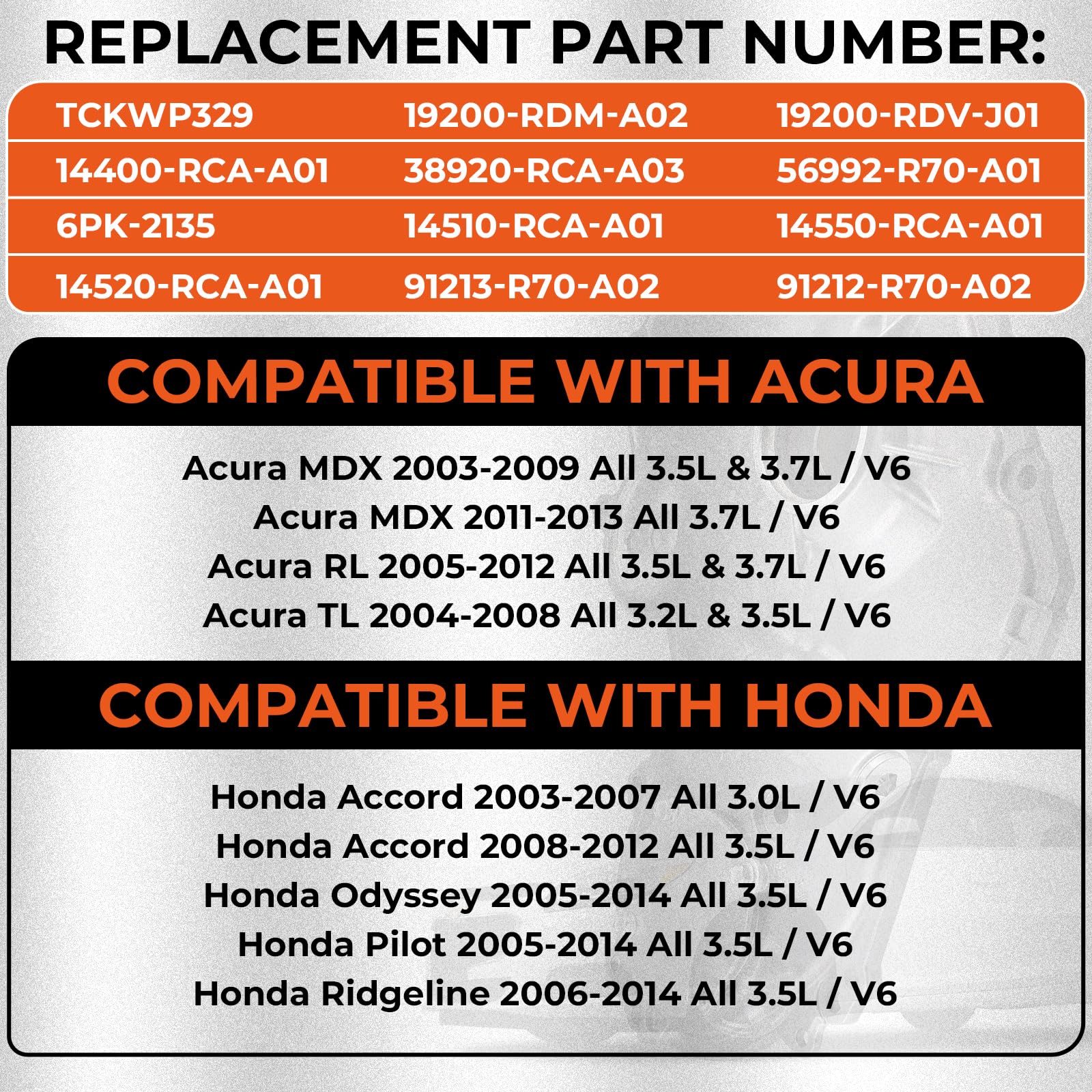 GEARZAAR Timing Belt Kit, With Water Pump Timing Belt Kit Compatible for Honda Accord Odyssey Pilot Ridgeline Acura MDX RL TL 3.0L 3.2L 3.5L 3.7L. Replace# TCKWP329 TKH-002 19200-RDV-J01 14510-RCA-A01