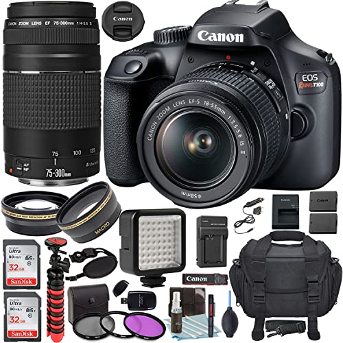 Rebel T100 / 4000D DSLR Camera with EF-S 18-55mm f/3.5-5.6 is II and EF 75-300mm f/4-5.6 III Lens + Accessory Bundle Kit (Flash, Travel Charger, Extra Battery, and More)