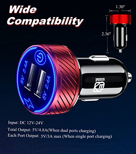 【2Pack】 USB Car Charger, Dual USB Port Car Charger Adapter, 5V/4.8A Charge Car Phone Charger with Blue LED & Touch Switch Fit for iPhone 13/12 Pro/Max/8, Galaxy S21/20/10/9 (Red)