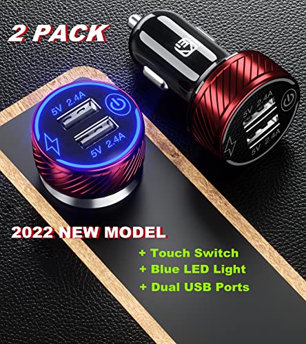【2Pack】 USB Car Charger, Dual USB Port Car Charger Adapter, 5V/4.8A Charge Car Phone Charger with Blue LED & Touch Switch Fit for iPhone 13/12 Pro/Max/8, Galaxy S21/20/10/9 (Red)