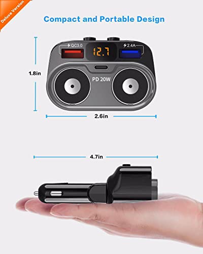 SUPERONE 150W 2-Socket Cigarette Lighter Splitter Power Adapter, USB C Car Charger with 20W Power Delivery 3.0 & QC 3.0 for iPhone 14 Pro Max/13/12/11/11 Pro/X/8/7, Samsung, Google Pixel and More