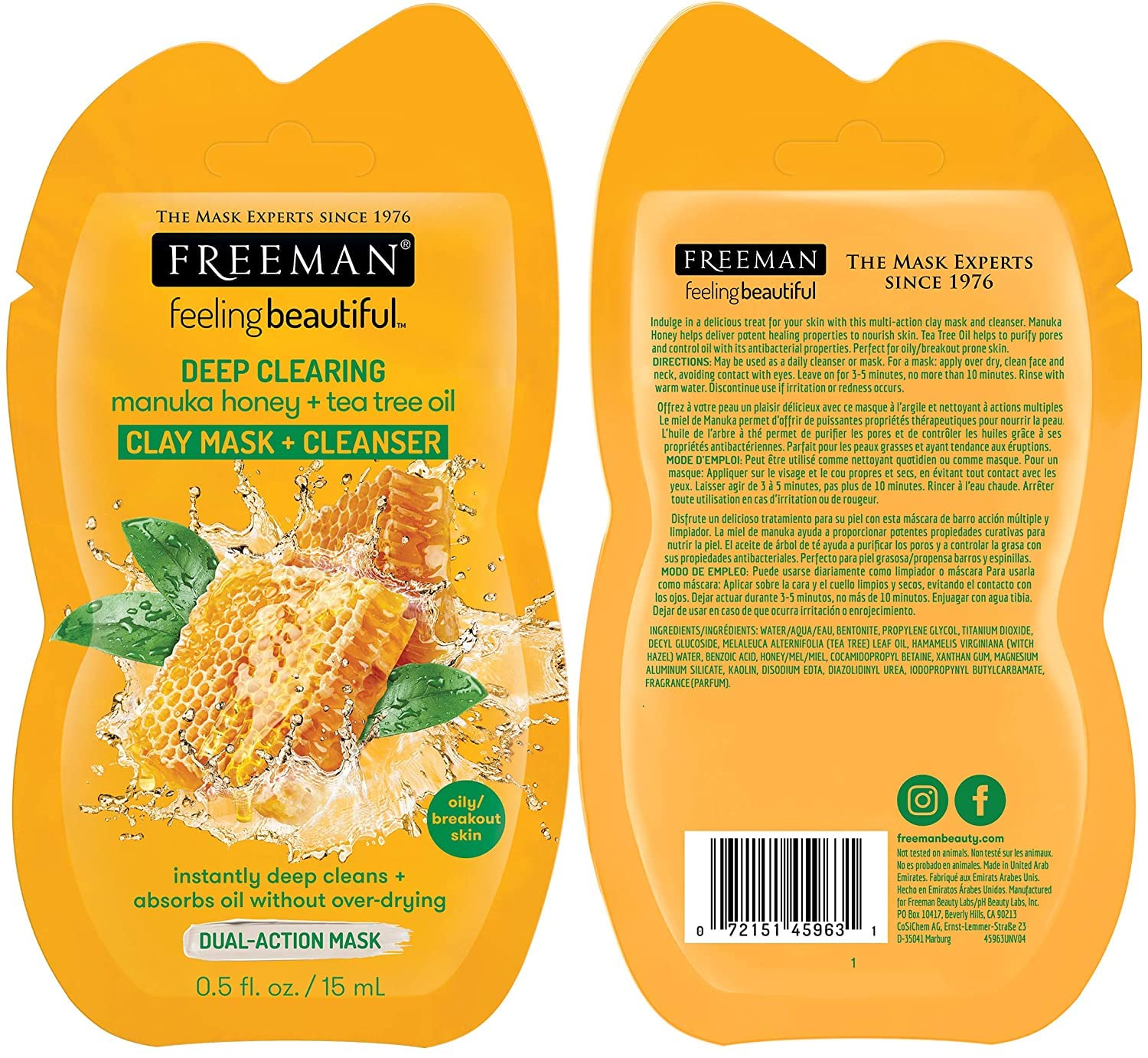 FREEMAN Facial Mask Variety Pack: Clay, Gel, Mud, & Peel-Off Skincare Masks, Hydrating, Detoxifying, Clearing, & Rejuvenating, Travel-Friendly Sachets, 18 Count