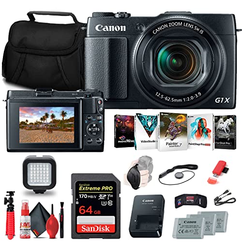Canon PowerShot G1 X Mark II Digital Camera (9167B001), 64GB Memory Card, 2 x NB13L Battery, Charger, Card Reader, LED Light, Corel Photo Software, HDMI Cable, Case, Flex Tripod + More (Renewed)