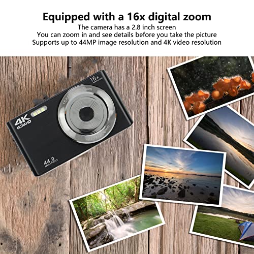 Compact Digital Camera, 16X Zoom Video Camera with 2.8in Screen, 4K 44MP, Built in Fill Light, Portable HD Camera for Photography Students Boys Girls (Black)