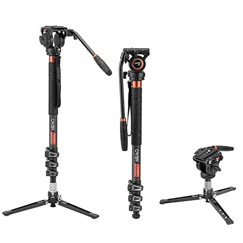 Cayer CF34 Carbon Fiber Camer Monopod Kit, 71 inch Professional Telescopic Video Monopods with Video Fluid Head and Folding Support Base for DSLR Video Cameras Camcorders, Plus 1 Extra Sliding Plate