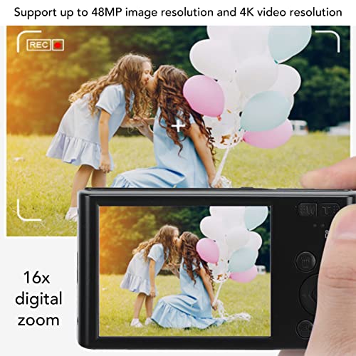 4K Digital Camera, 16X Digital Zoom 2.8 Inch Shake Proof HD Camera 48M Pixel USB Rechargeable Portable Compact Camera Built in Fill Light for Teens Adults Beginners Birthday Gifts (Black)