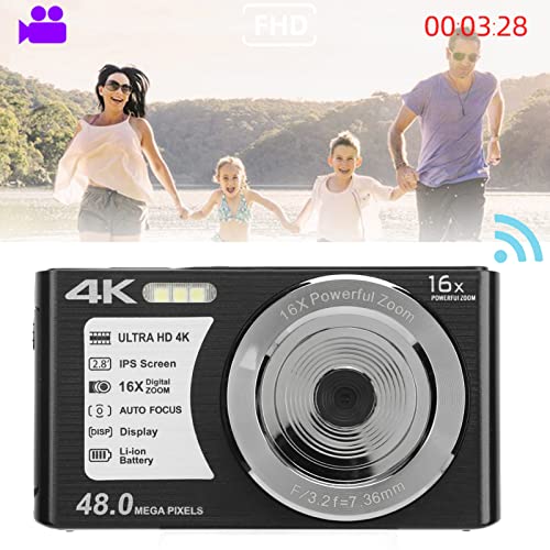 4K Digital Camera, 16X Digital Zoom 2.8 Inch Shake Proof HD Camera 48M Pixel USB Rechargeable Portable Compact Camera Built in Fill Light for Teens Adults Beginners Birthday Gifts (Black)