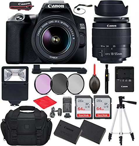 Camera Bundle for Canon EOS 250D (SL3) DSLR Camera with EF-S 18-55mm f/3.5-5.6 III Lens Bundle, Accessories (Extra Battery, Digital Slave Flash, 128Gb Memory, 50" Tripod and More)