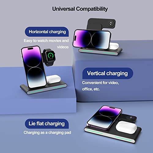 3 in 1 Wireless Charger Wireless Charging Station for Apple Multiple Devices Foldable Stand Dock for iPhone 14 13 12 11 Pro Xs Max XR 8 Plus & Apple Watch Series 8 7 6 SE 5 4 3 AirPods with Adapter