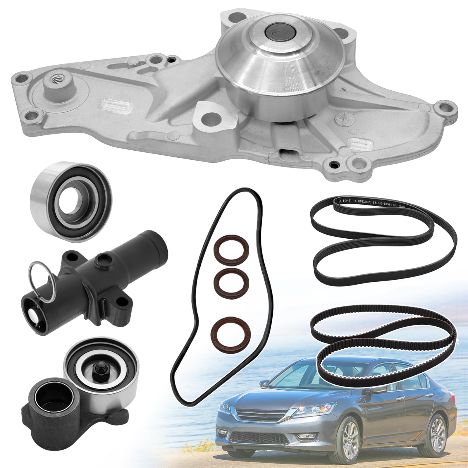 Timing Belt Kit with Water Pump Compatible with Honda, Acura & Saturn Vehicles - Accord, Odyssey, Pilot, TL, RL, MDX, Vue 3.5L, 3.0L, 3.7L #Replaces19200-RDV-J01 TKH002 TCKWP329