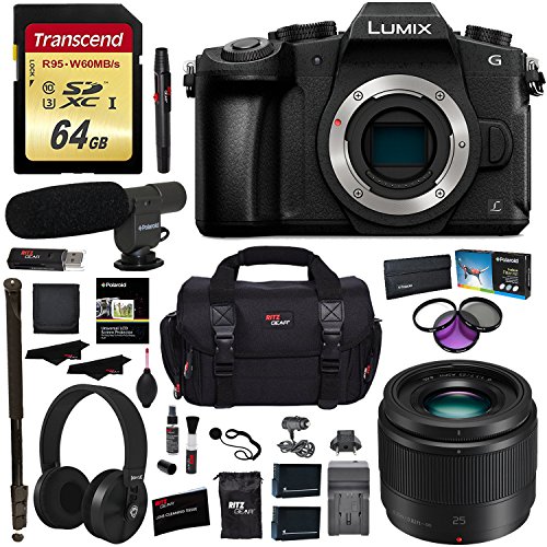 Panasonic LUMIX DMC-G85KBODY 4K Mirrorless Interchangeable Lens Camera Black, LUMIX G Lens 25mm H-H025K, Filter Kit, 64GB Memory and Accessory Bundle