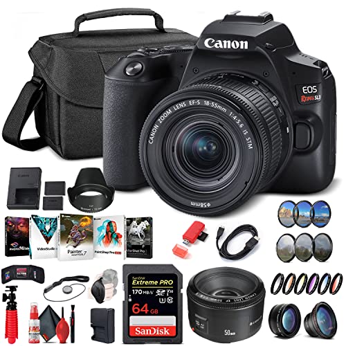 Canon EOS Rebel SL3 DSLR Camera with 18-55mm Lens (Black) (3453C002), Canon EF 50mm Lens, 64GB Memory Card, Color Filter Kit, Case, Filter Kit, Corel Photo Software, LPE17 Battery + More (Renewed)