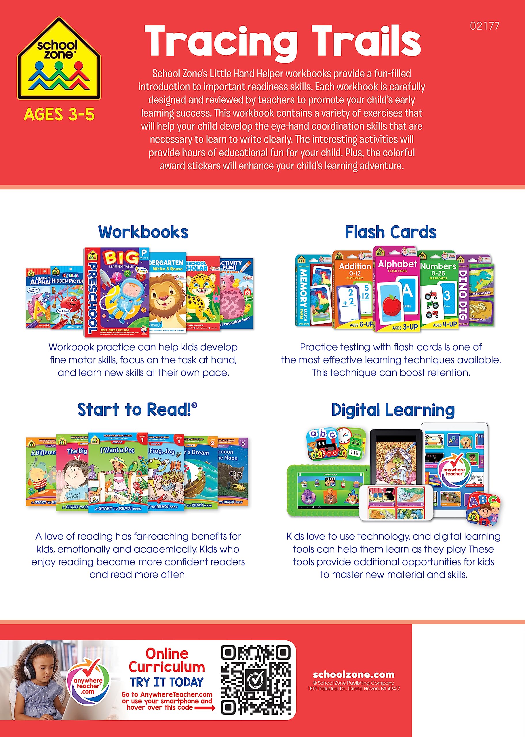 School Zone - Tracing Trails Workbook - 32 Pages, Ages 3 to 5, Preschool, Pre-Writing, Intro to Shapes, Alphabet, Numbers, and More (School Zone Little Hand Helper™ Book Series)