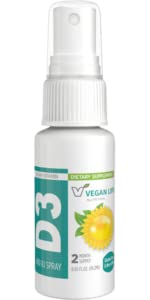 Vegan Life Nutrition - Vitamin D3 Spray for Adults (400 IU) - 50% RDV - Orange-Flavored, Gluten-Free, Non-GMO, Supports Bone Health and Immune System - 0.65 Fl Ounce