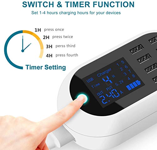 USB Charger Station with Timer Function on/Off Switch 60W/12A 8-Port Fast Charging Station Hub Digital Display Desk Charging Block for Cell Phone Tablet Multiple Devices