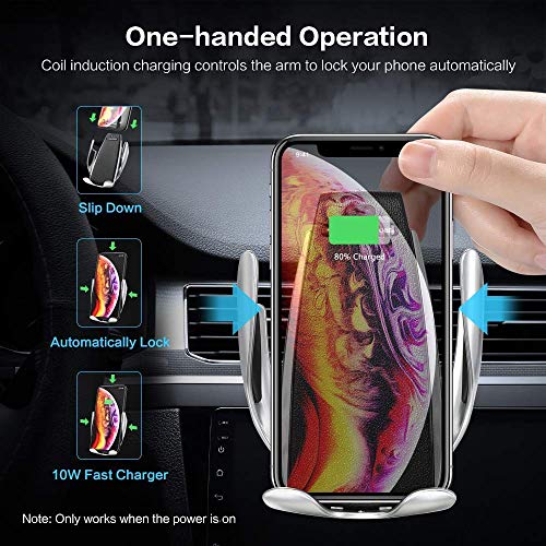 Car Phone Mount, Cell Phone Holder for Car, Wireless USB C Car Charger, Dashboard Cup Phone Holder, Automatic Clamping Fast Charger Compatible with iPhone Xs Max XR X 8(Silver)