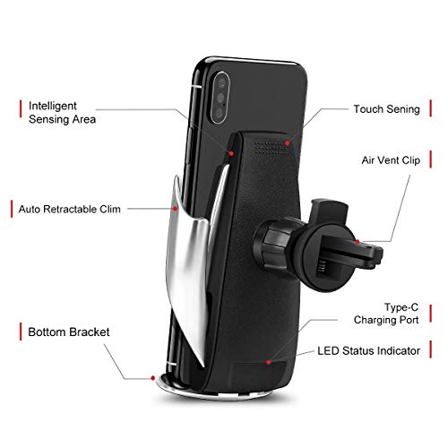 Car Phone Mount, Cell Phone Holder for Car, Wireless USB C Car Charger, Dashboard Cup Phone Holder, Automatic Clamping Fast Charger Compatible with iPhone Xs Max XR X 8(Silver)