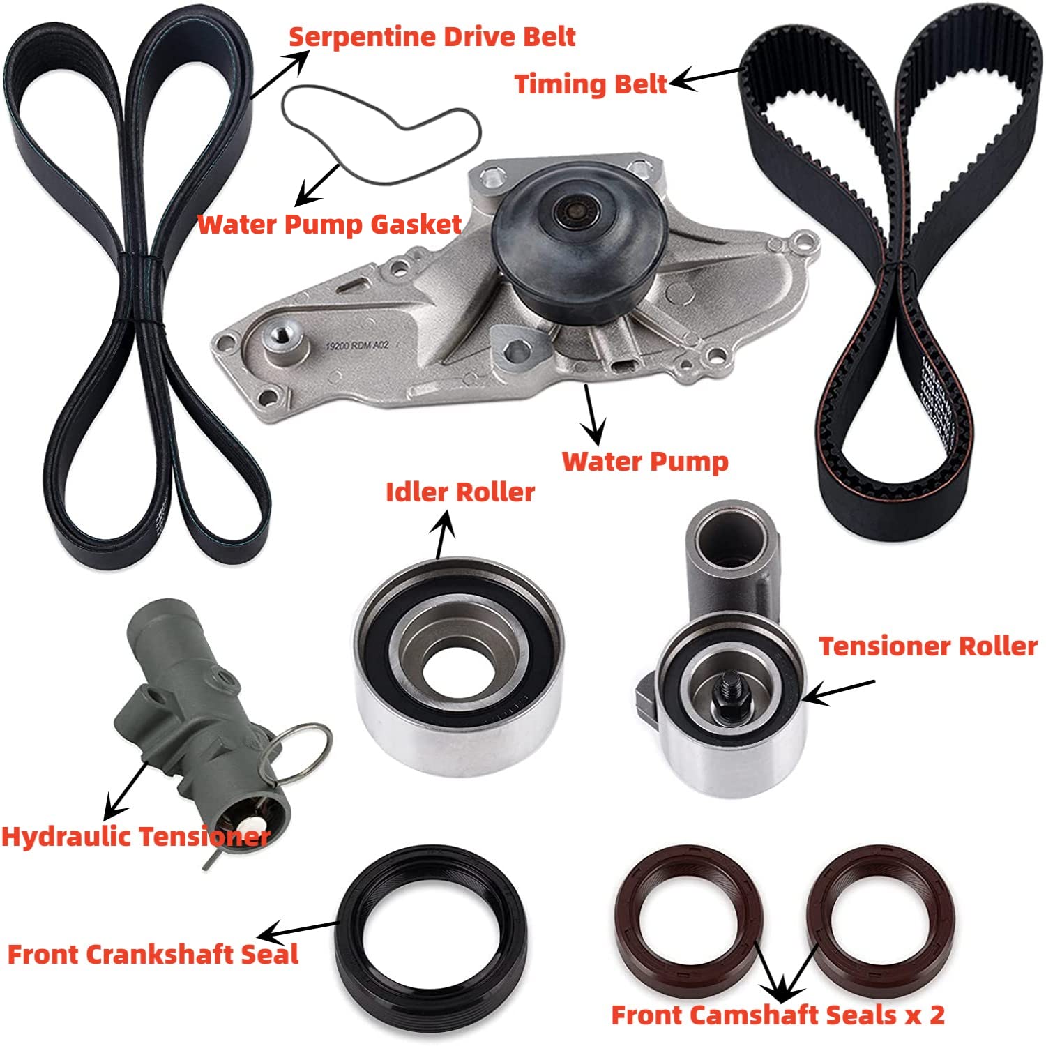 TKH-002 Engine Timing Belt Kit with Water Pump Compatible with 2003-2018 Accord Crosstour Odyssey Pilot Ridgeline MDX RDX RL TL TSX ZDX Saturn Vue 3.0L 3.5L 3.7L Replaces# TCKWP329 19200-RDV-J01