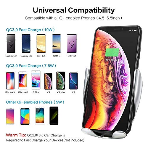 Car Phone Mount, Cell Phone Holder for Car, Wireless USB C Car Charger, Dashboard Cup Phone Holder, Automatic Clamping Fast Charger Compatible with iPhone Xs Max XR X 8(Silver)