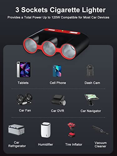 120W Car Cigarette Lighter Splitter, 3 Socket Car Splitter 12V/24V Dual USB Car Charger Adapter for iPhone, iPad, GPS, Dashcam, Radar Detector and More